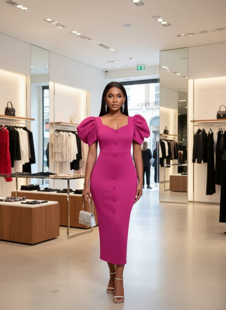 Button-Embellished Magenta Puff Sleeve Dress (21304)) – Zillion