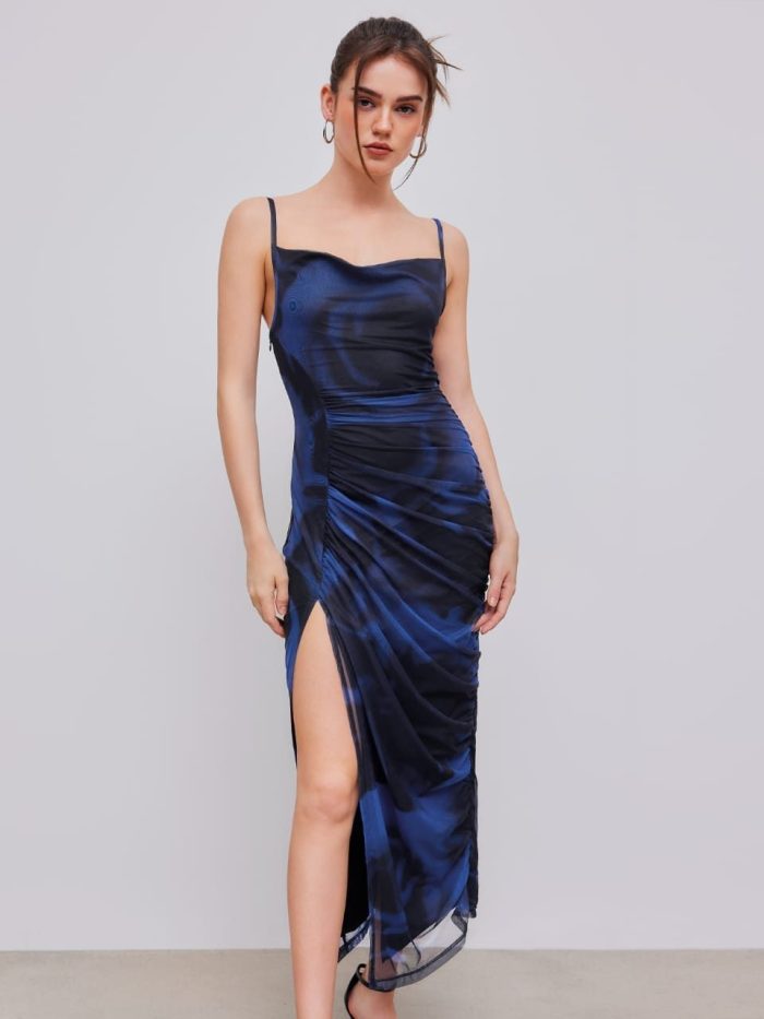 Mesh Cowl Neck Ruched Split Midi Dress (1422) – Zillion